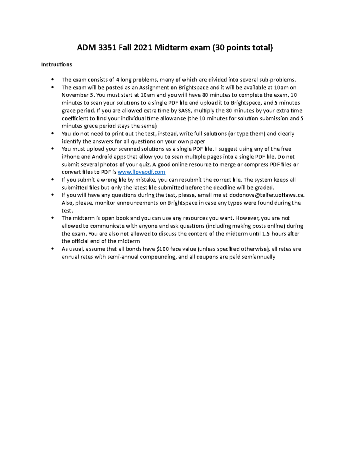 ADM 3351 Fall 2021 Midterm exam solutions - ADM 3351 Fall 2021 Midterm ...