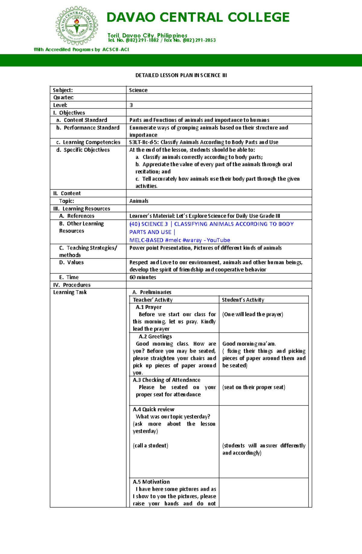 Lesson PLAN grade 3 detailed - With Accredited Programs by ACSCU-ACI ...