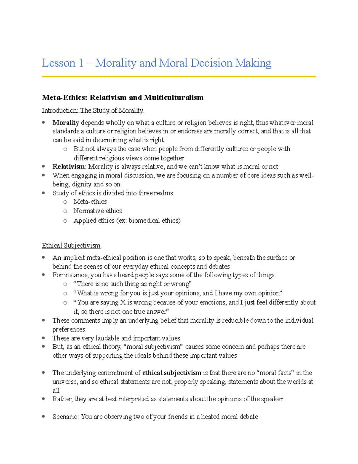 Lesson 1 - notes - Lesson 1 – Morality and Moral Decision Making Meta ...