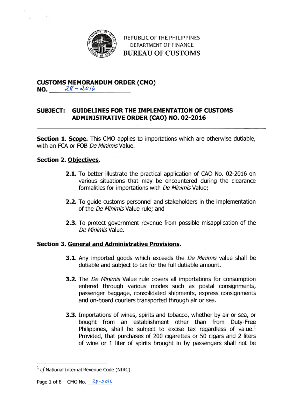 Cmo 28 2016 Guidelines for the Implementation of Customs Administrative Order CAO No - Studocu
