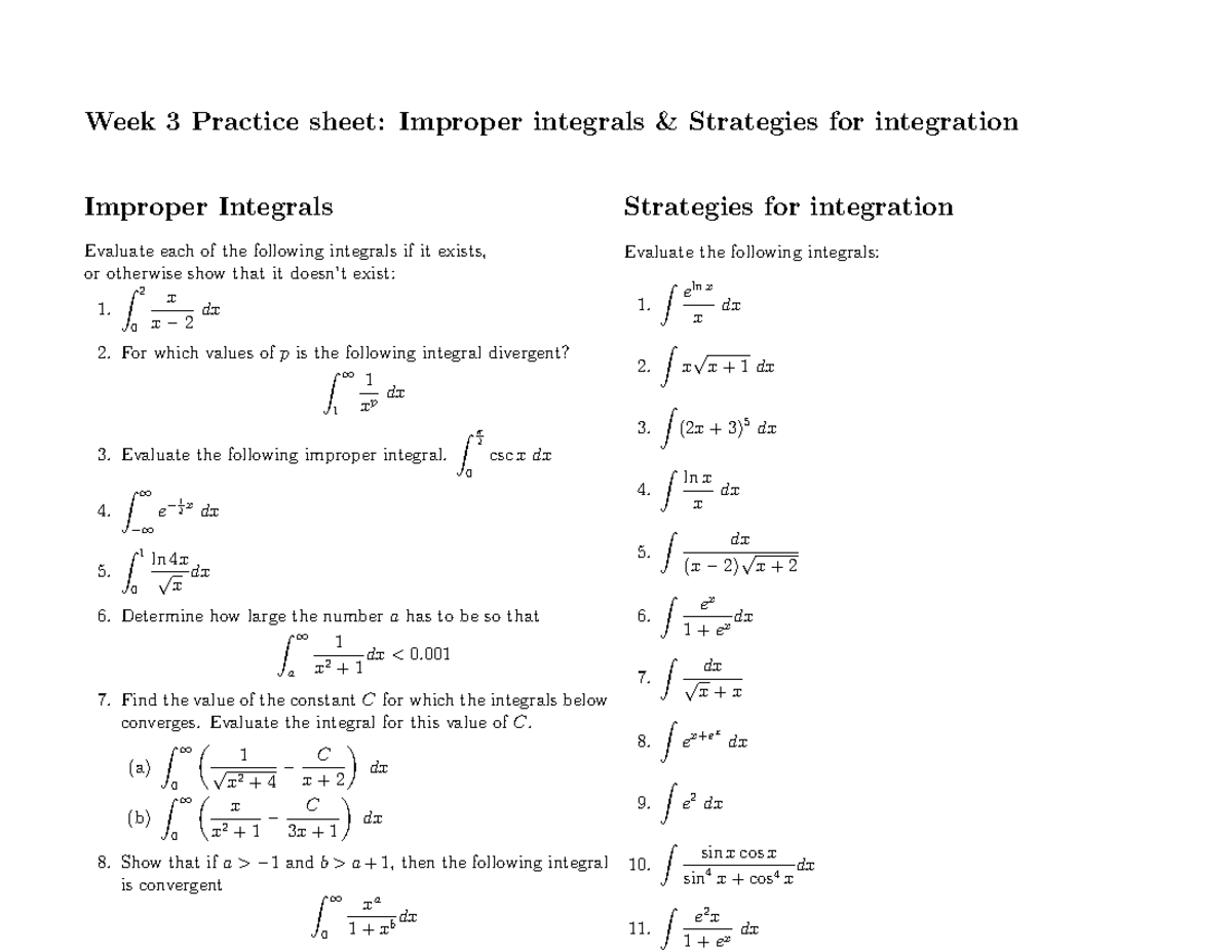 Week 3 Practice Sheet - Week 3 Practice sheet: Improper integrals ...