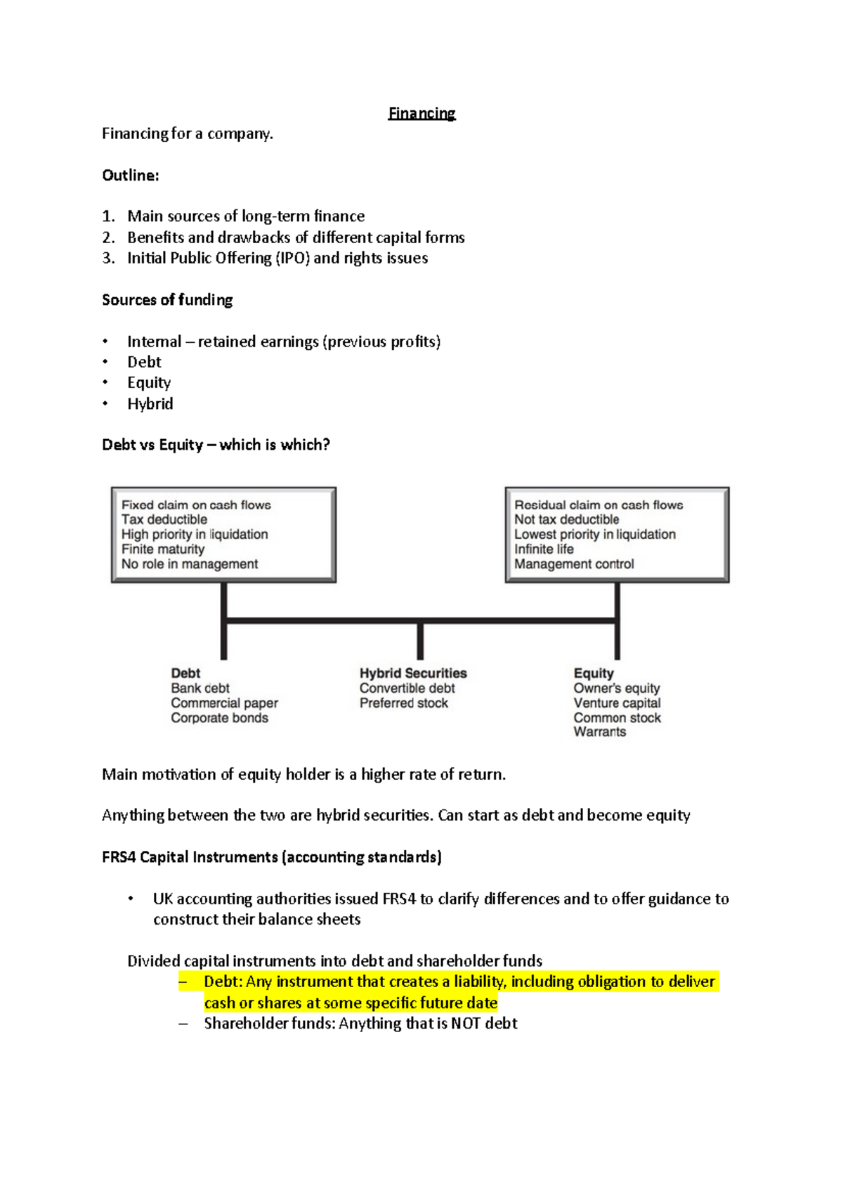 1. Financing - Financing Financing for a company. Outline: 1. Main ...