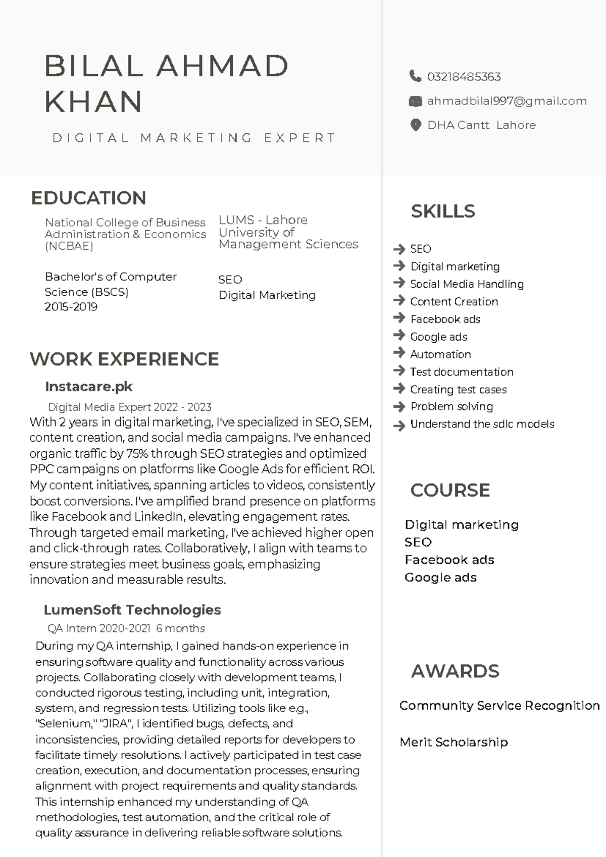 Bilal Ahmad Khan cv - EDUCATION BILAL AHMAD KHAN National College of Business Administration ...