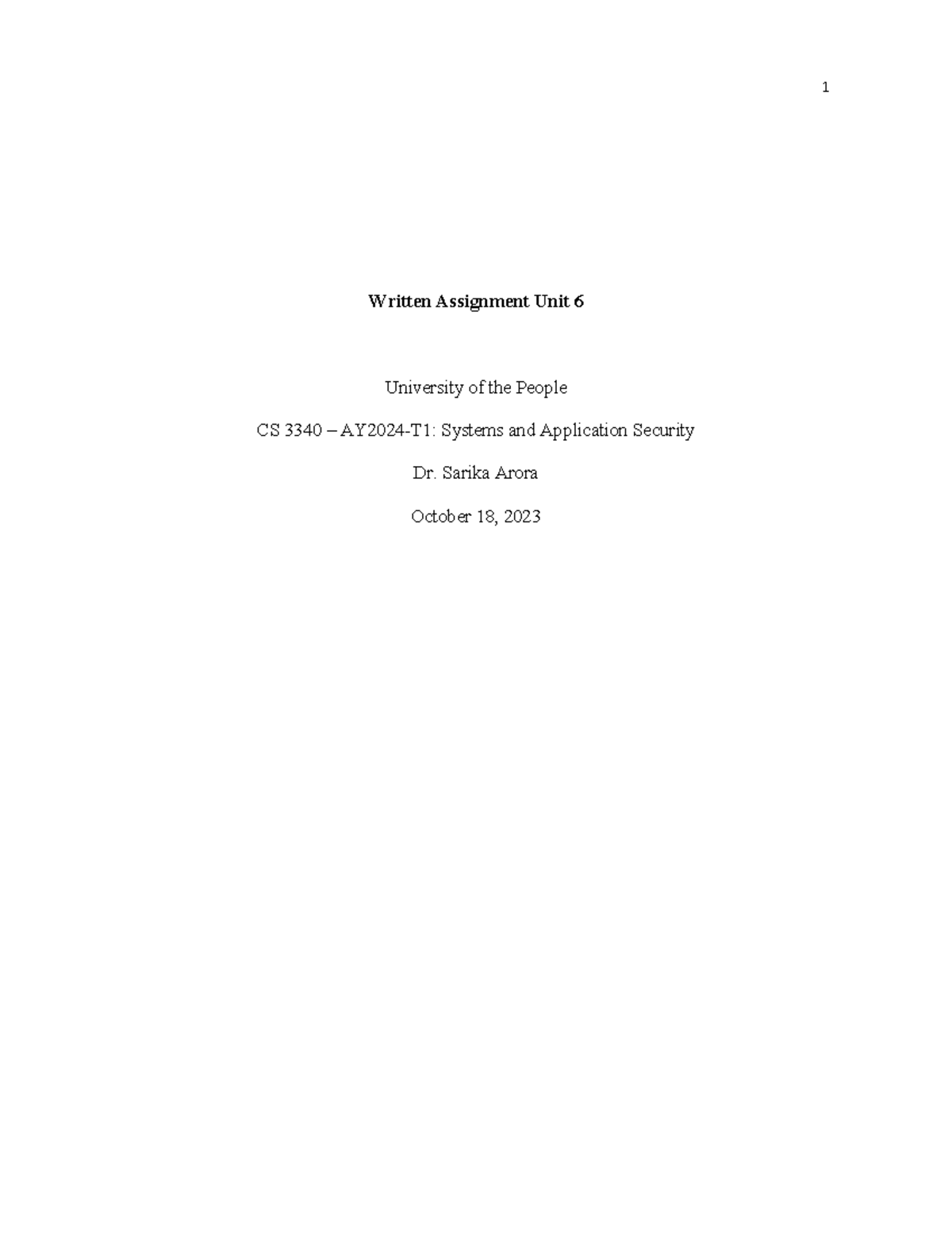 W6a - sdadasd - Written Assignment Unit 6 University of the People CS 3340 – AY2024-T1: Systems ...