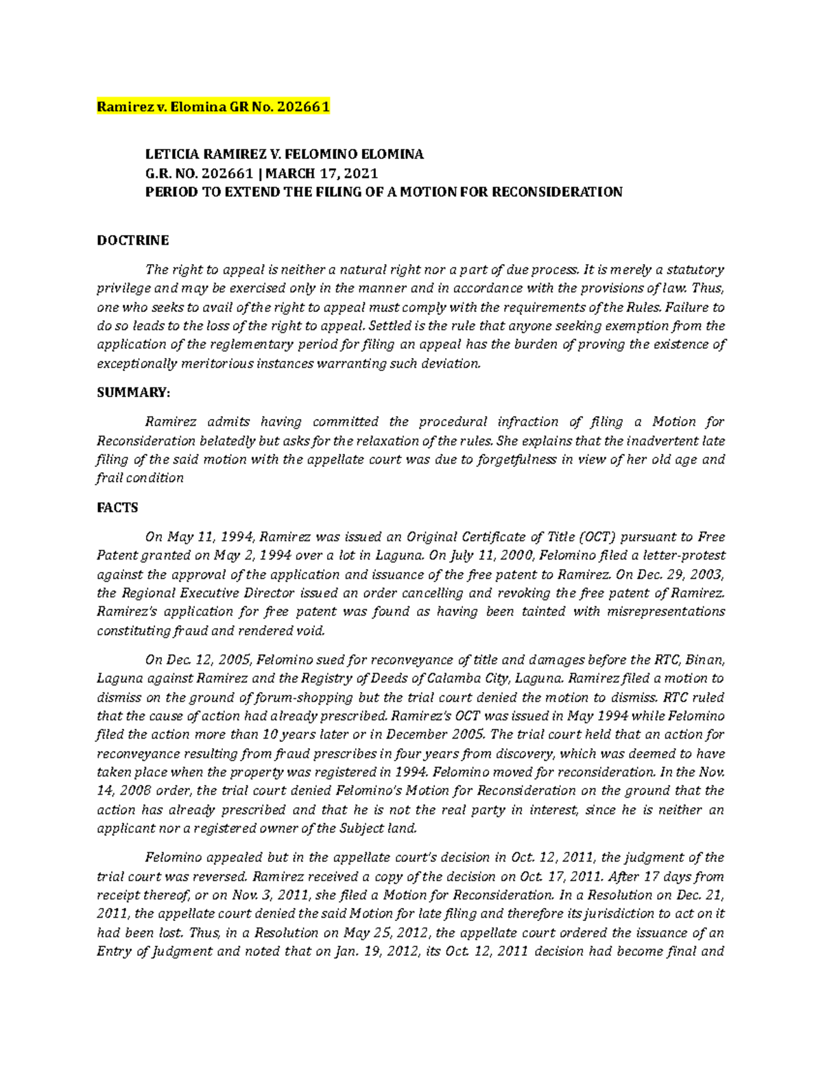 Ramirez v Elomina - Case Digest - Ramirez v. Elomina GR No. 202661 LETICIA RAMIREZ V. FELOMINO ...