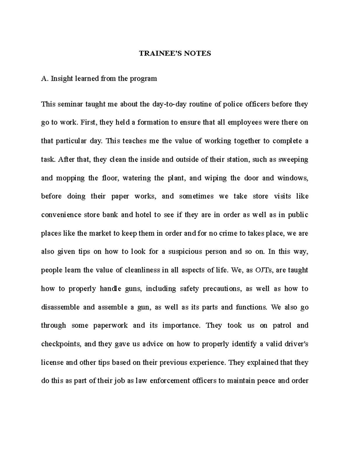 Trainee's notes - TRAINEE'S NOTES A. Insight learned from the program ...