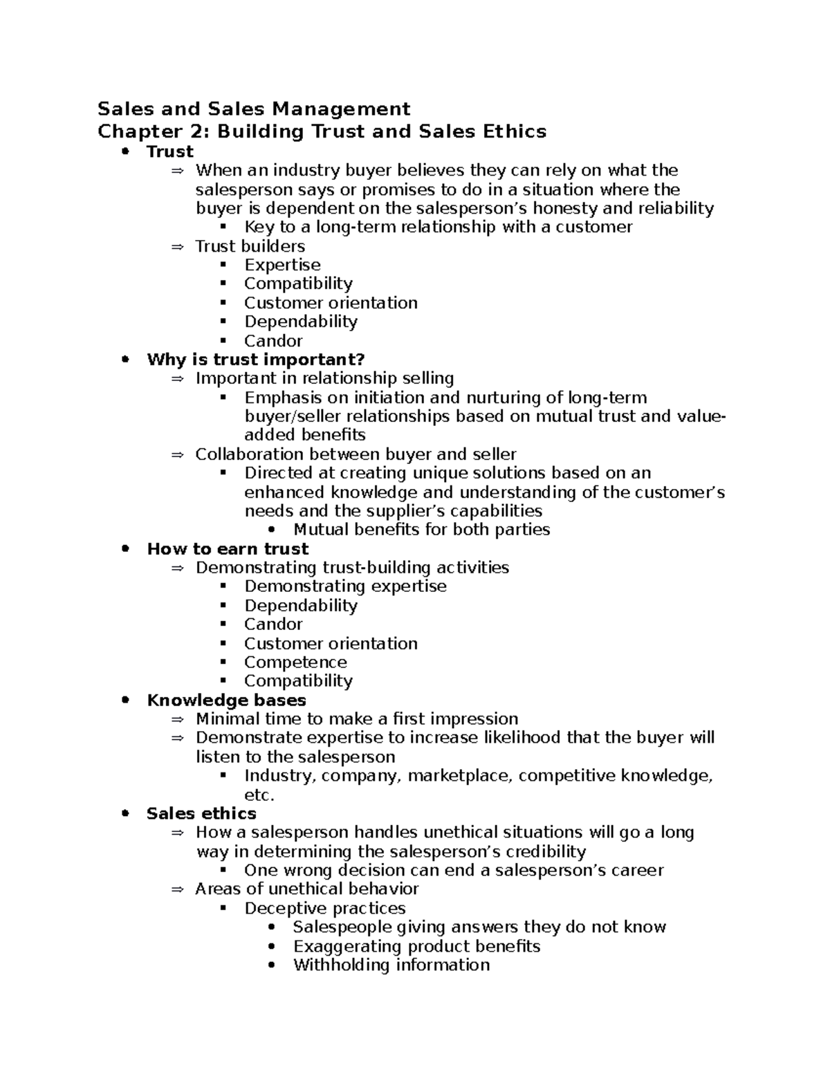 Chapter 2 - Building Trust and Sales Ethics - Sales and Sales ...