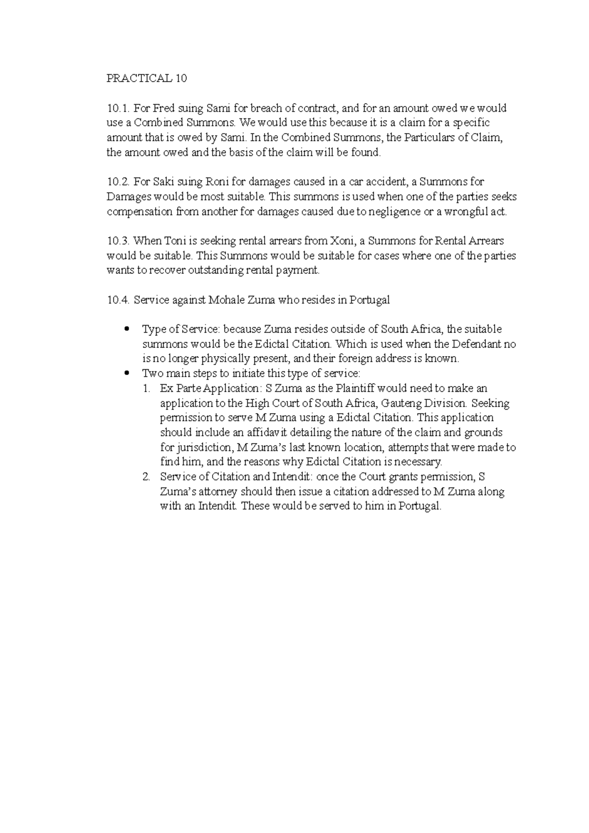 Practical 10 - PRACTICAL 10 For Fred suing Sami for breach of contract ...