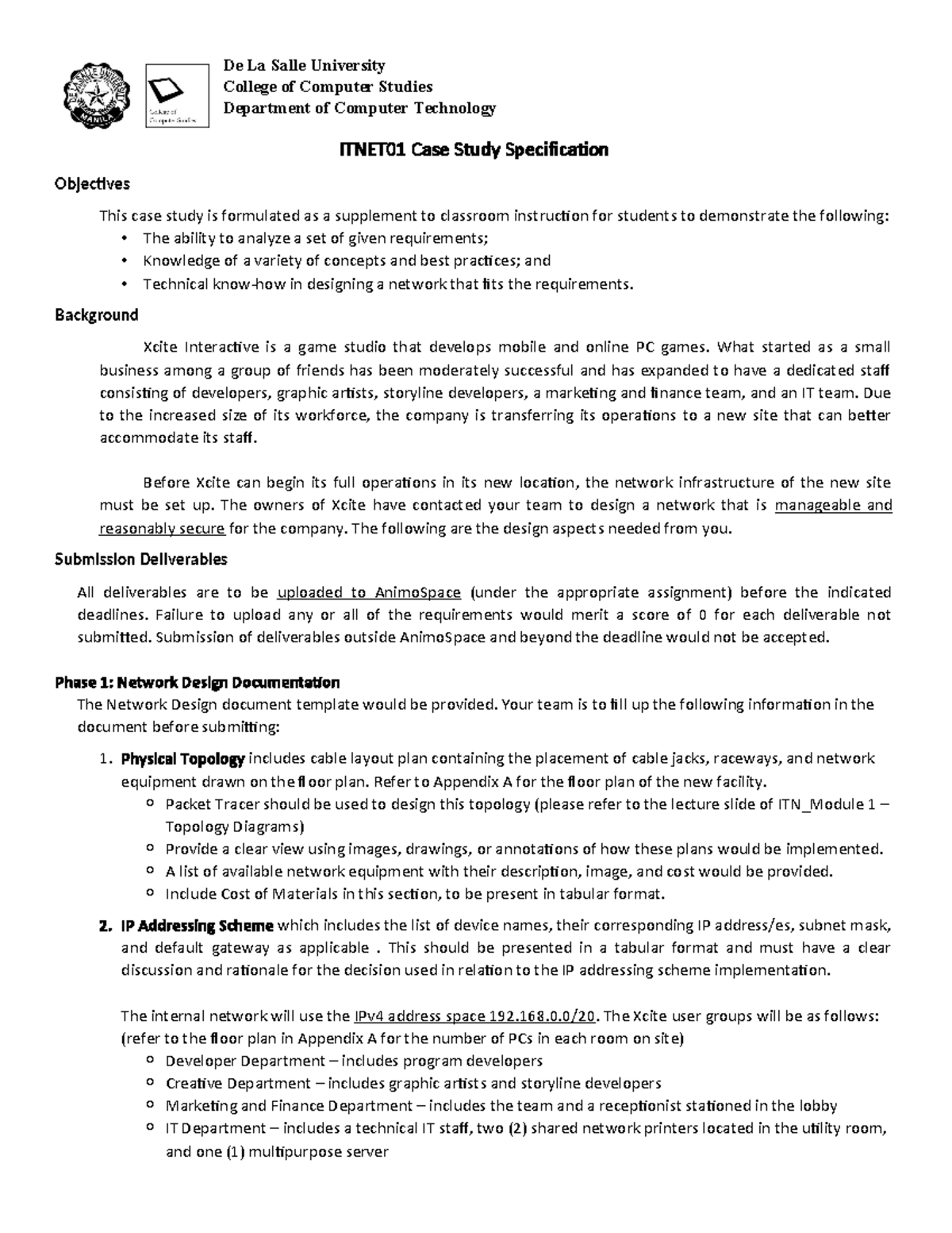 [ Itnet 01] Case Study Specifications - De La Salle University College ...
