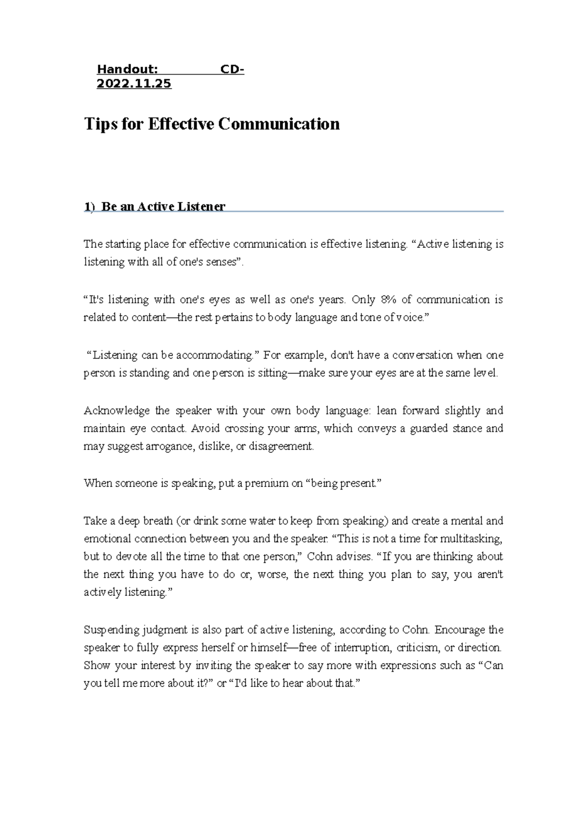 Handout for short report 11 - Tips for Effective Communication 1) Be an ...