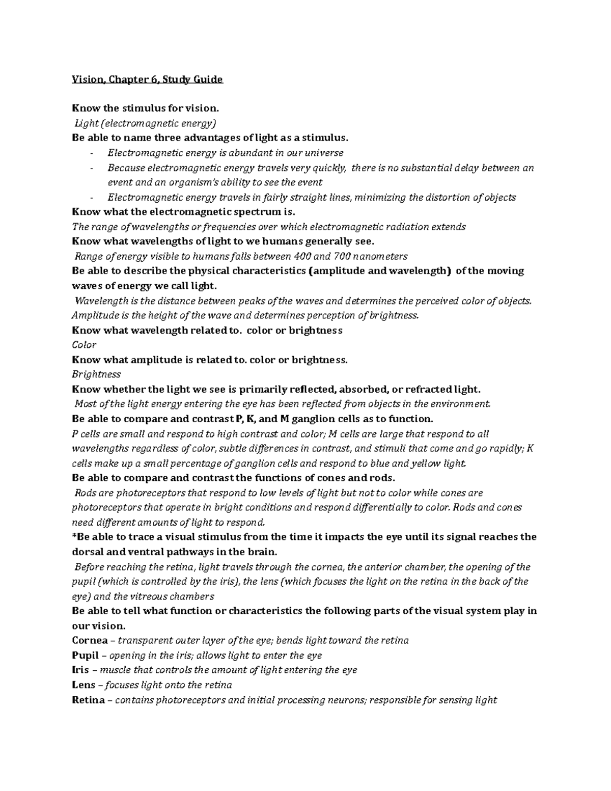 Behavioral Neuroscience Test 3 - Vision, Chapter 6, Study Guide Know ...
