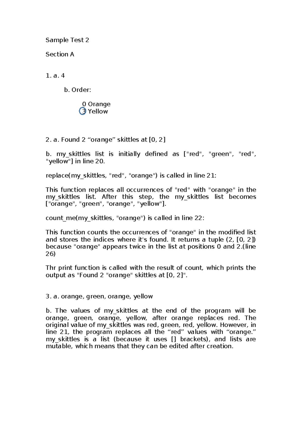 Sample Test 2 - Free - Sample Test 2 Section A a. 4 b. Order: 0 Orange ...