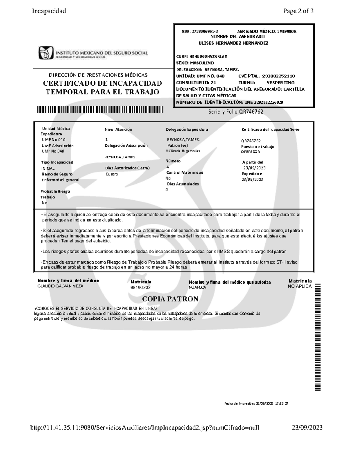 Incapacidad ACT-1 con sello-1 - In capacidad P age 2 o f 3 NSS ...