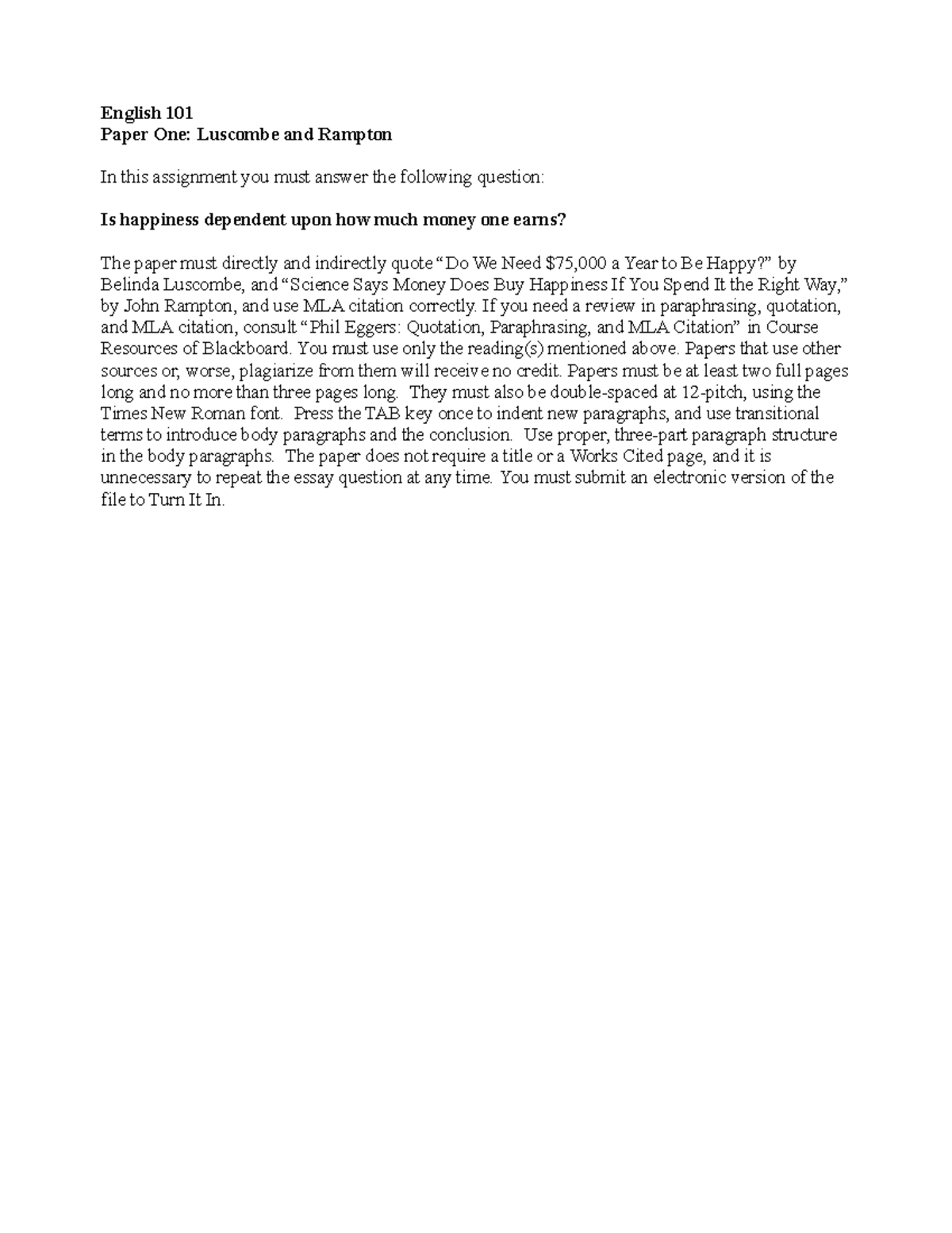 Paper 1 Assignment 1 - essay - English 101 Paper One: Luscombe and ...
