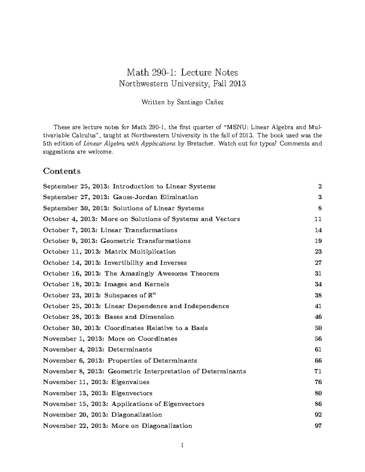 Math 290-1 Lecture Notes Complete 1-22 Fall 2013 - Math 290-1: Lecture ...