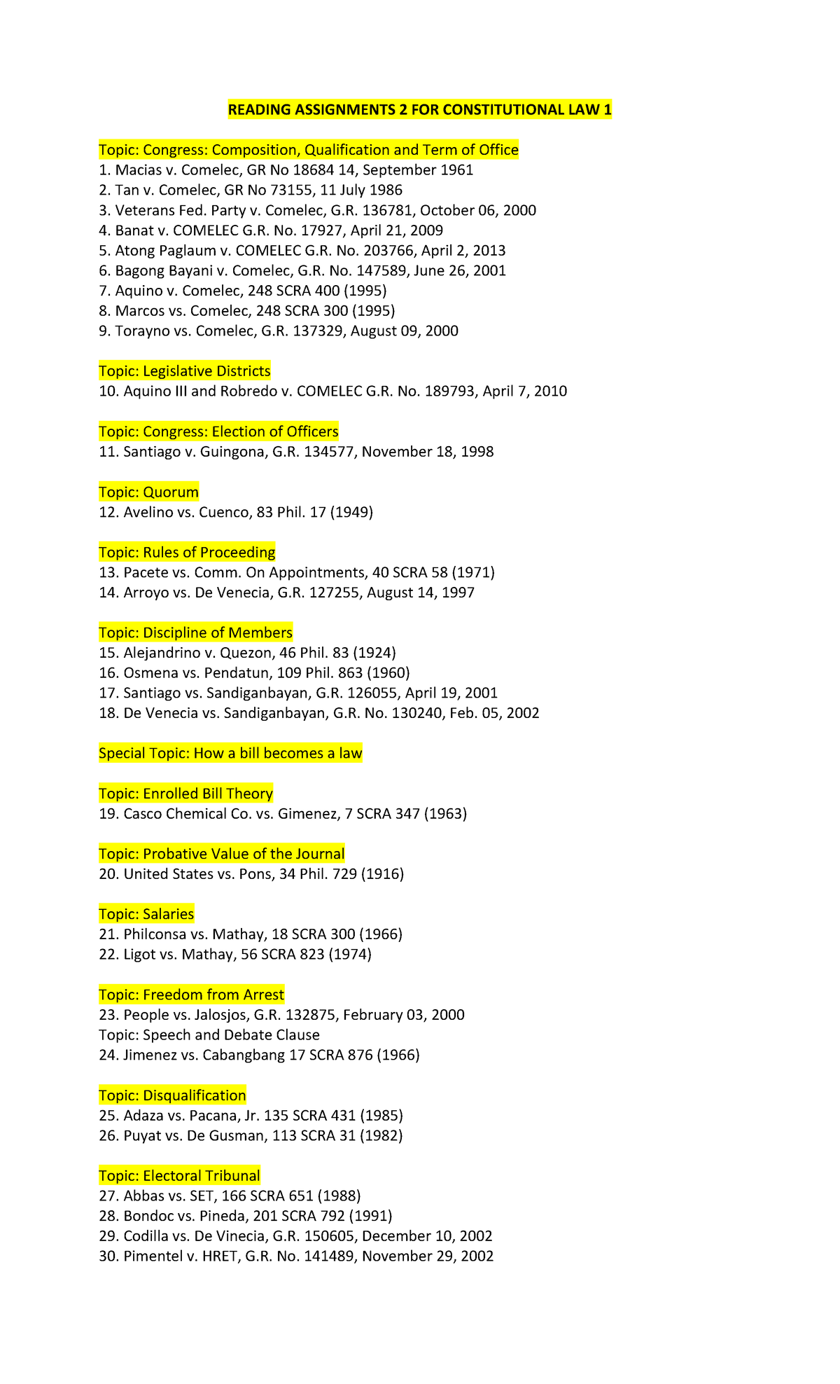 Reading Assignments 2 FOR Constitutional LAW 1 - READING ASSIGNMENTS 2 ...