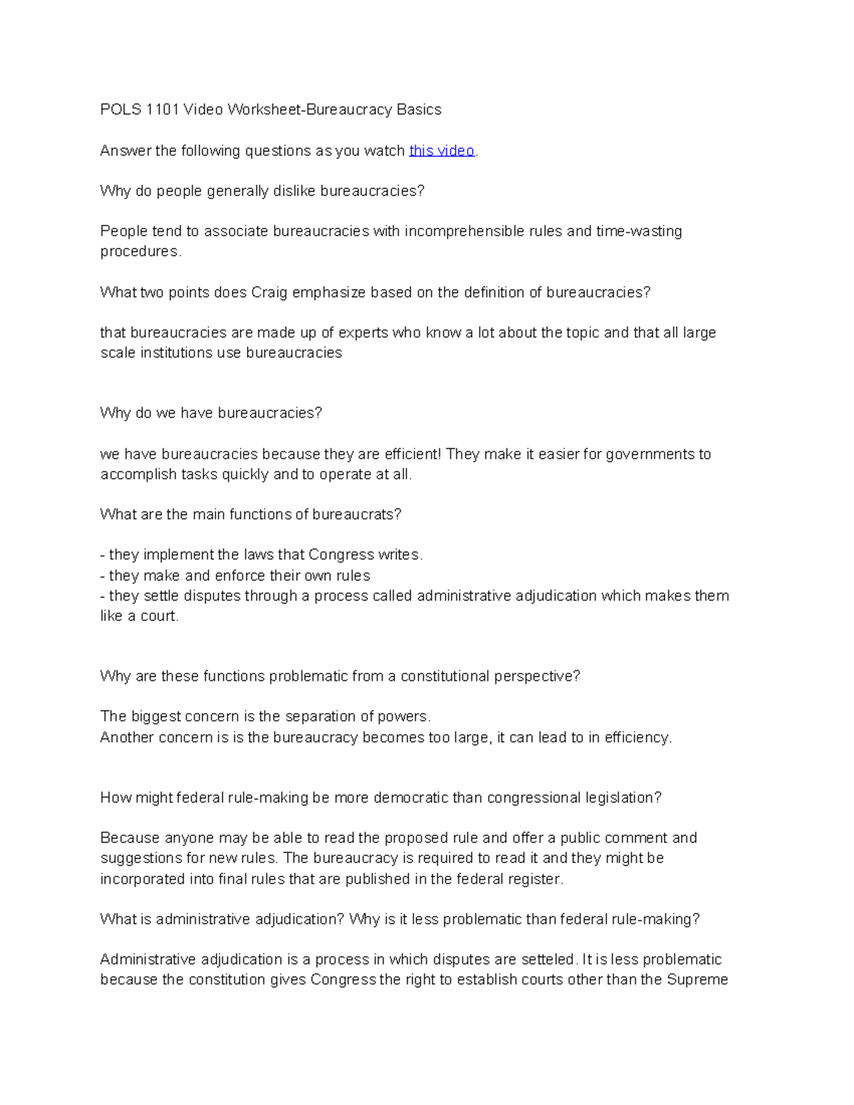 Bureaucracy basics worksheet - POLS 1101 Video Worksheet-Bureaucracy ...