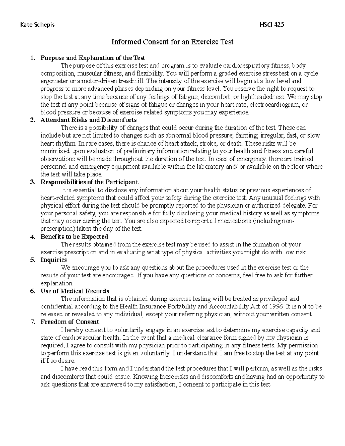 Informed Consent for an Exercise Test - Kate Schepis HSCI 425 Informed ...