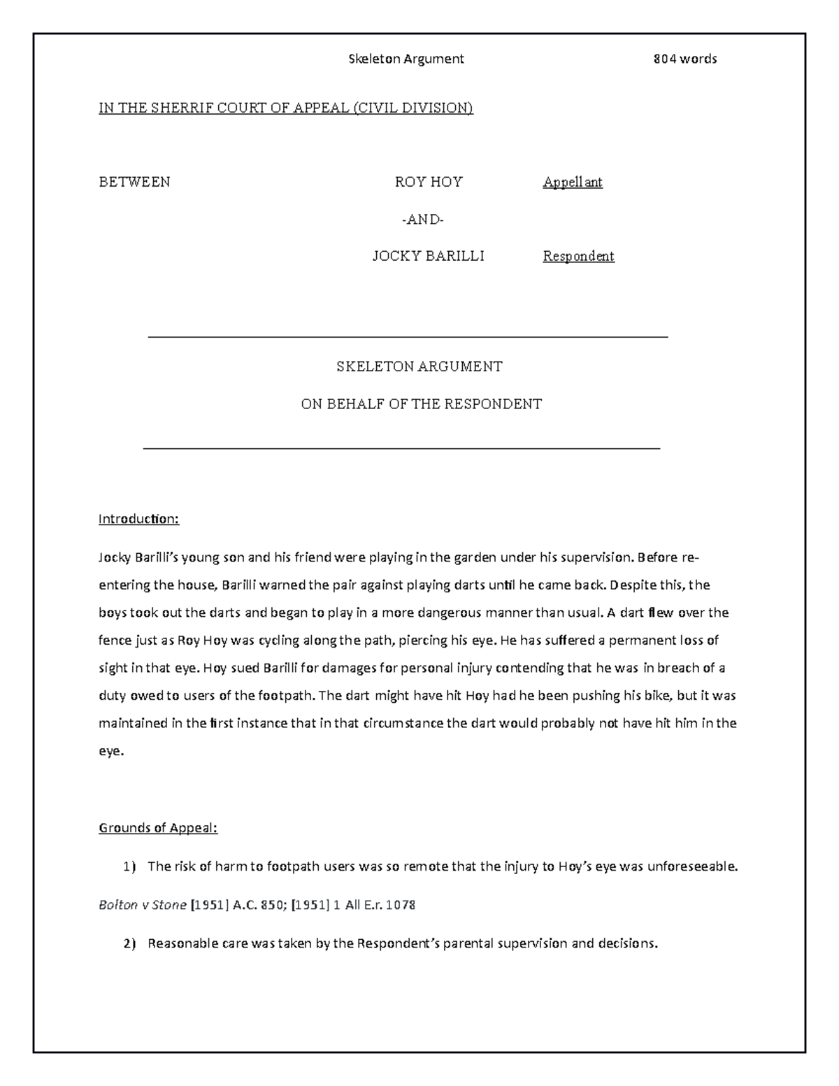 Skeleton Moot Argument - Skeleton Argument 804 words IN THE SHERRIF ...