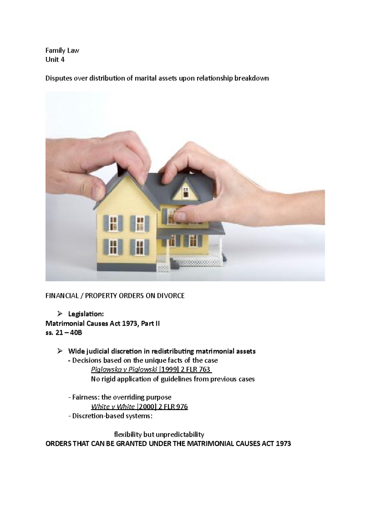 Family Law lecture notes material assets - Family Law Unit 4 Disputes ...