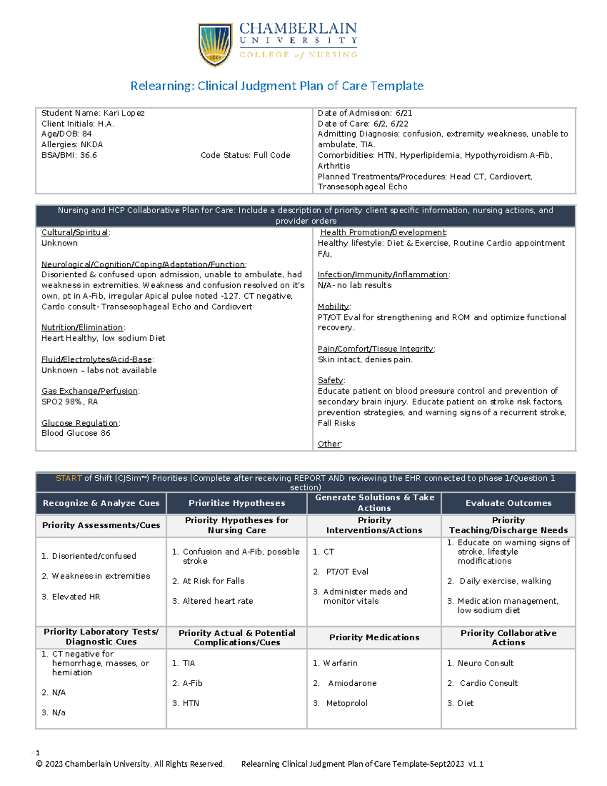 NR 325 Cjsim Care Plan #1 HA - Student Name: Kari Lopez Client Initials ...