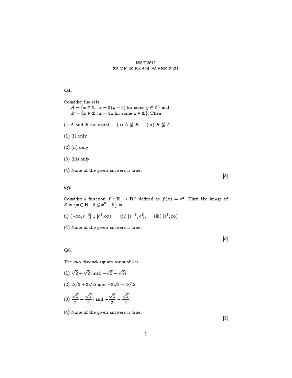 Sample Exam Paper MAT2611 2021 - MAT SAMPLE EXAM PAPER 2021 Q1 ...
