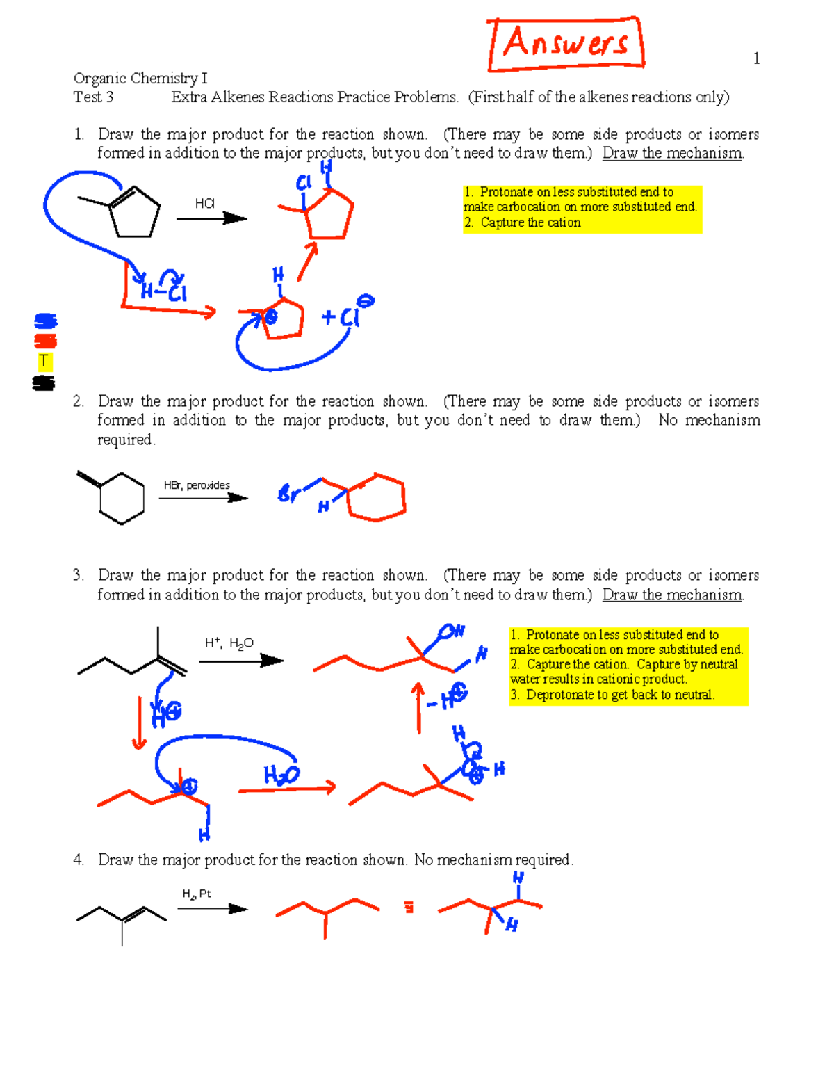 Extra Alkenes Rxns-Answers - 1 Organic Chemistry I Test 3 Extra Alkenes ...
