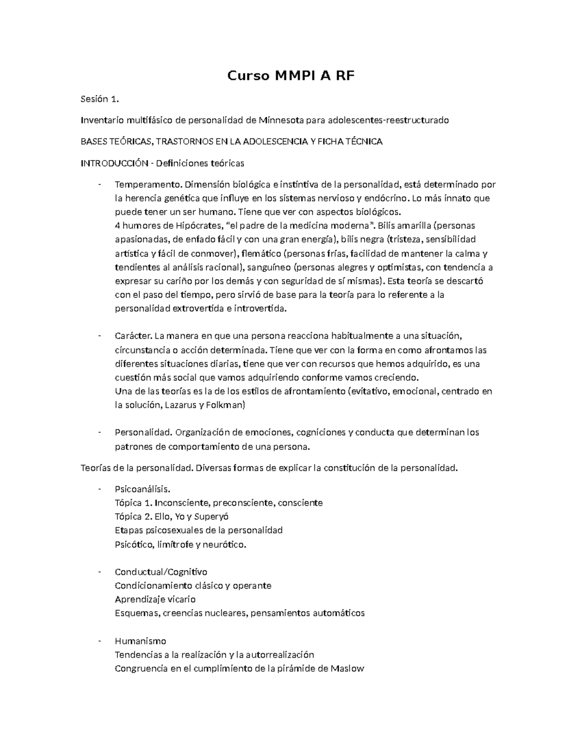 Apuntes Curso MMPI A RF - Curso MMPI A RF Sesión 1. Inventario ...
