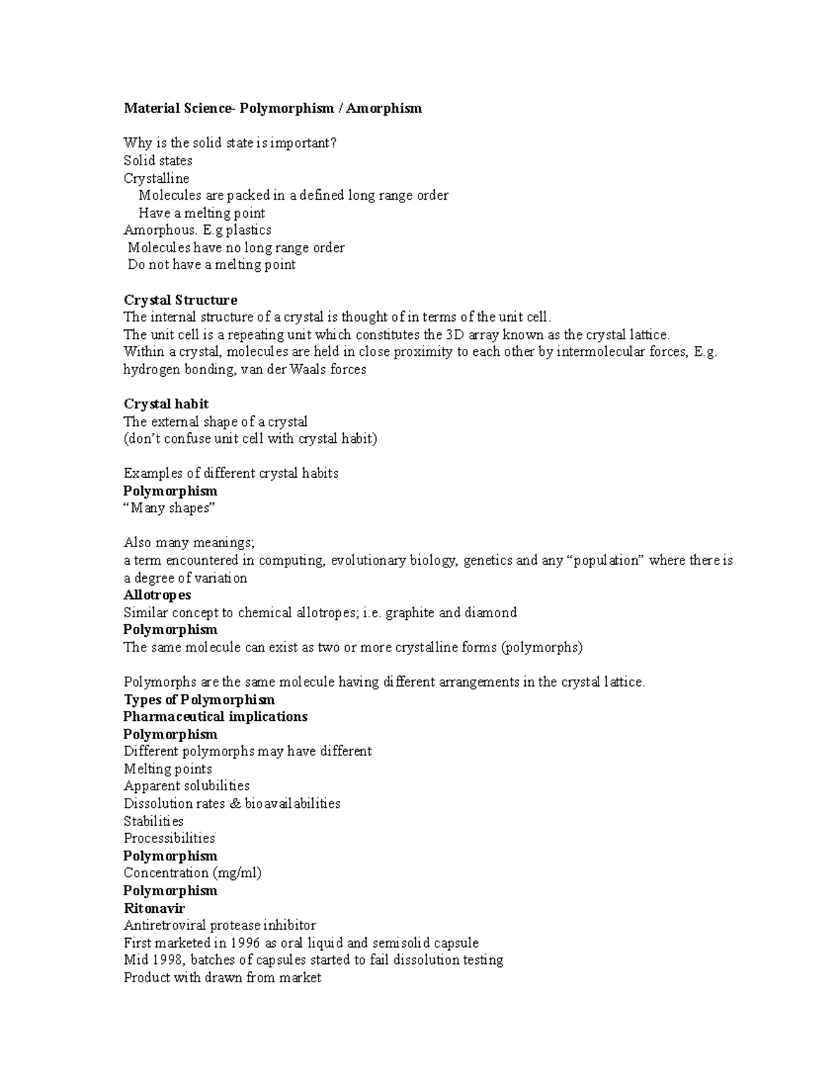 Material Science - Summary - Material Science- Polymorphism / Amorphism ...