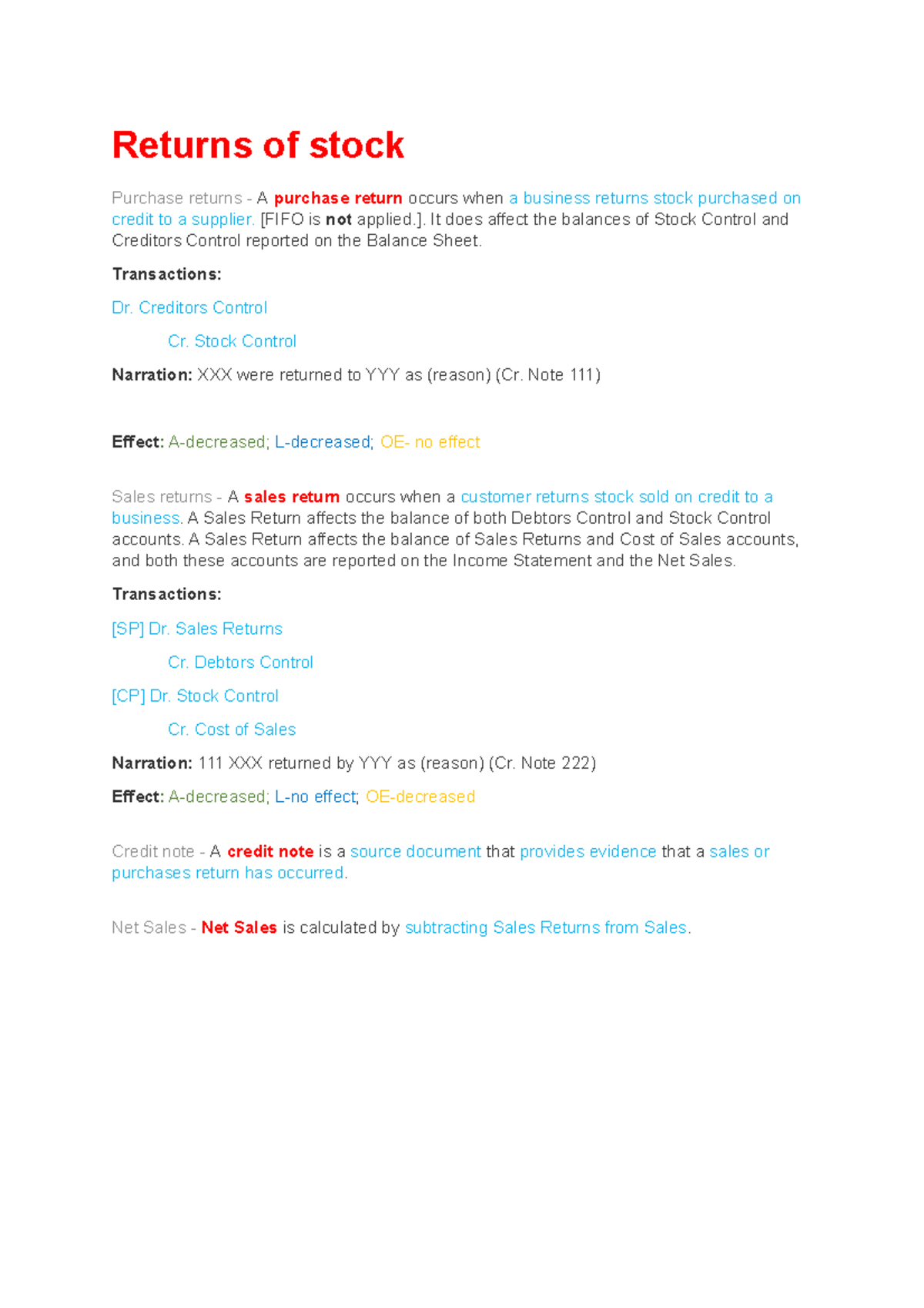 Chapter 3v Returns of stock - Returns of stock Purchase returns - A ...