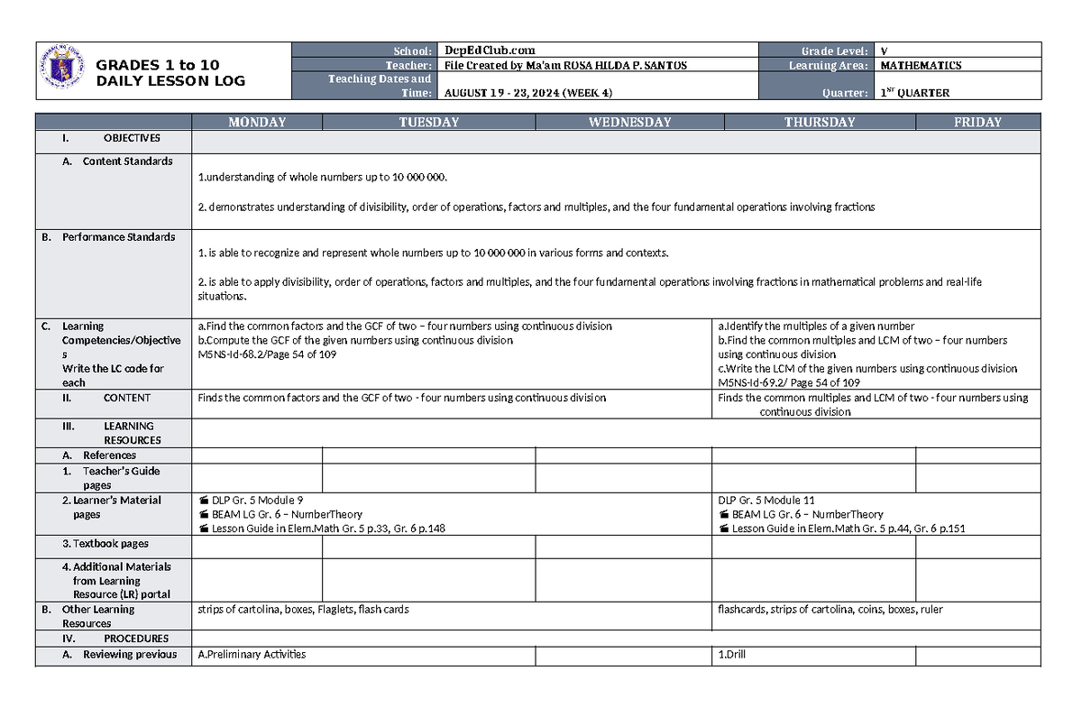 DLL Mathematics 5 Q1 W4 - DLL po sya - GRADES 1 to 10 DAILY LESSON LOG ...
