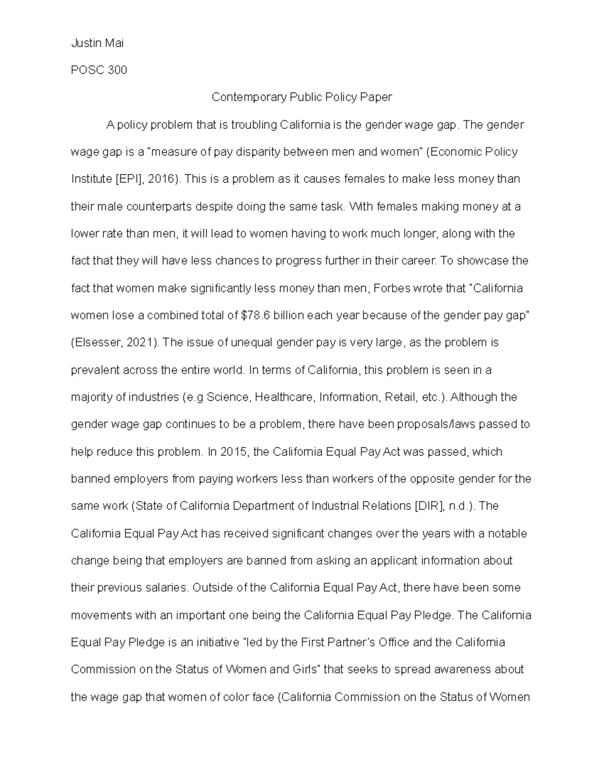 Justin Mai, Gender Wage Gap Policy - Justin Mai POSC 300 Contemporary ...