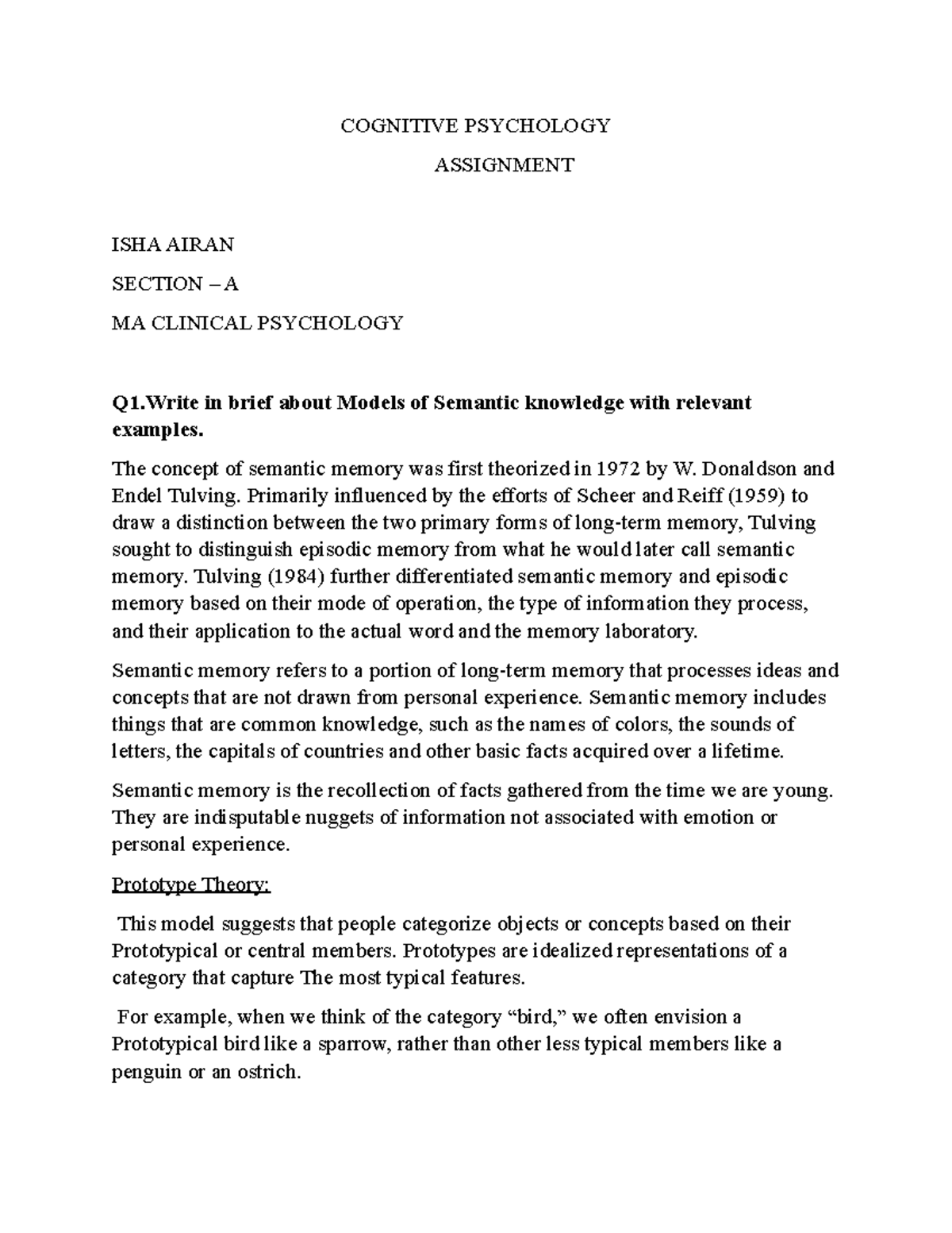 cognitive psychology - COGNITIVE PSYCHOLOGY ASSIGNMENT ISHA AIRAN ...