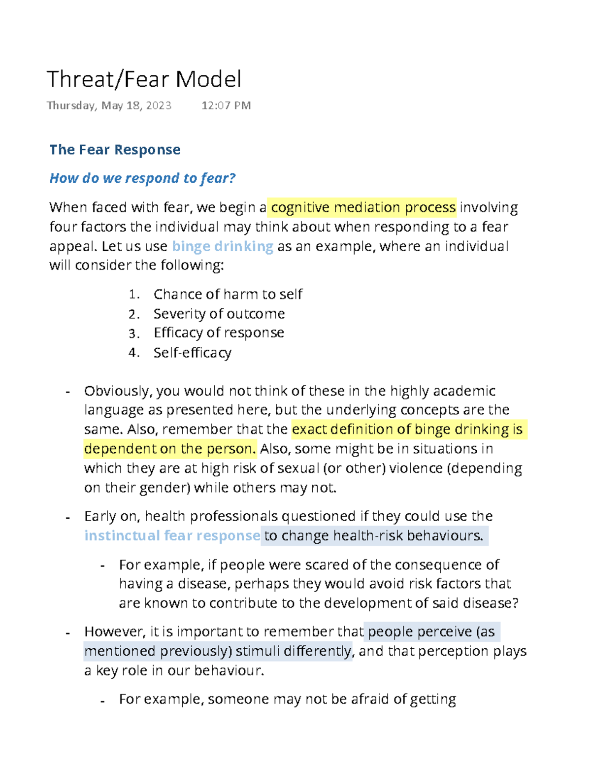 Threat Fear Model - summer course - Health Sciences 4202A/B - UWO - Studocu
