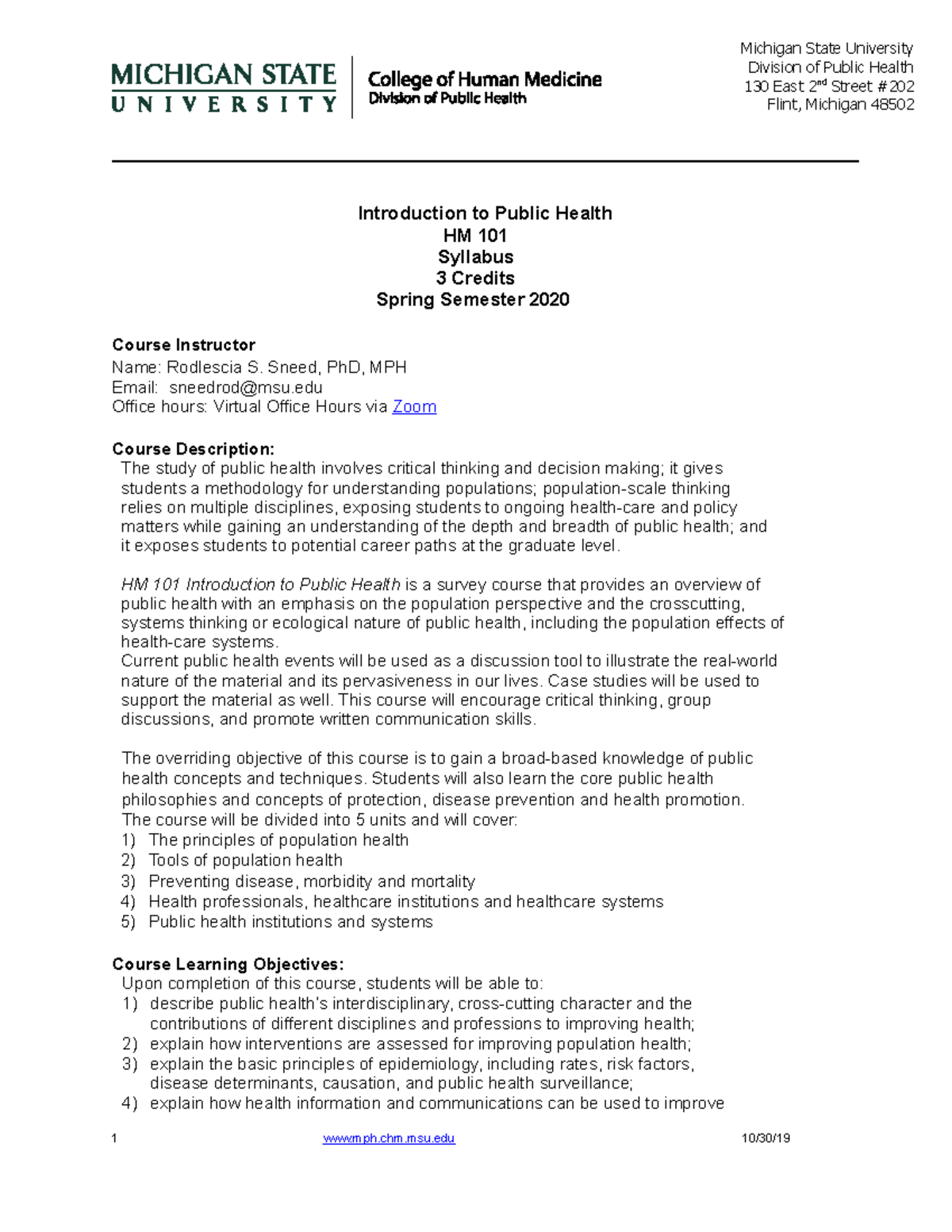 Sneed SS20 HM 101 Syllabus 1 - Introduction to Public Health HM 101 ...