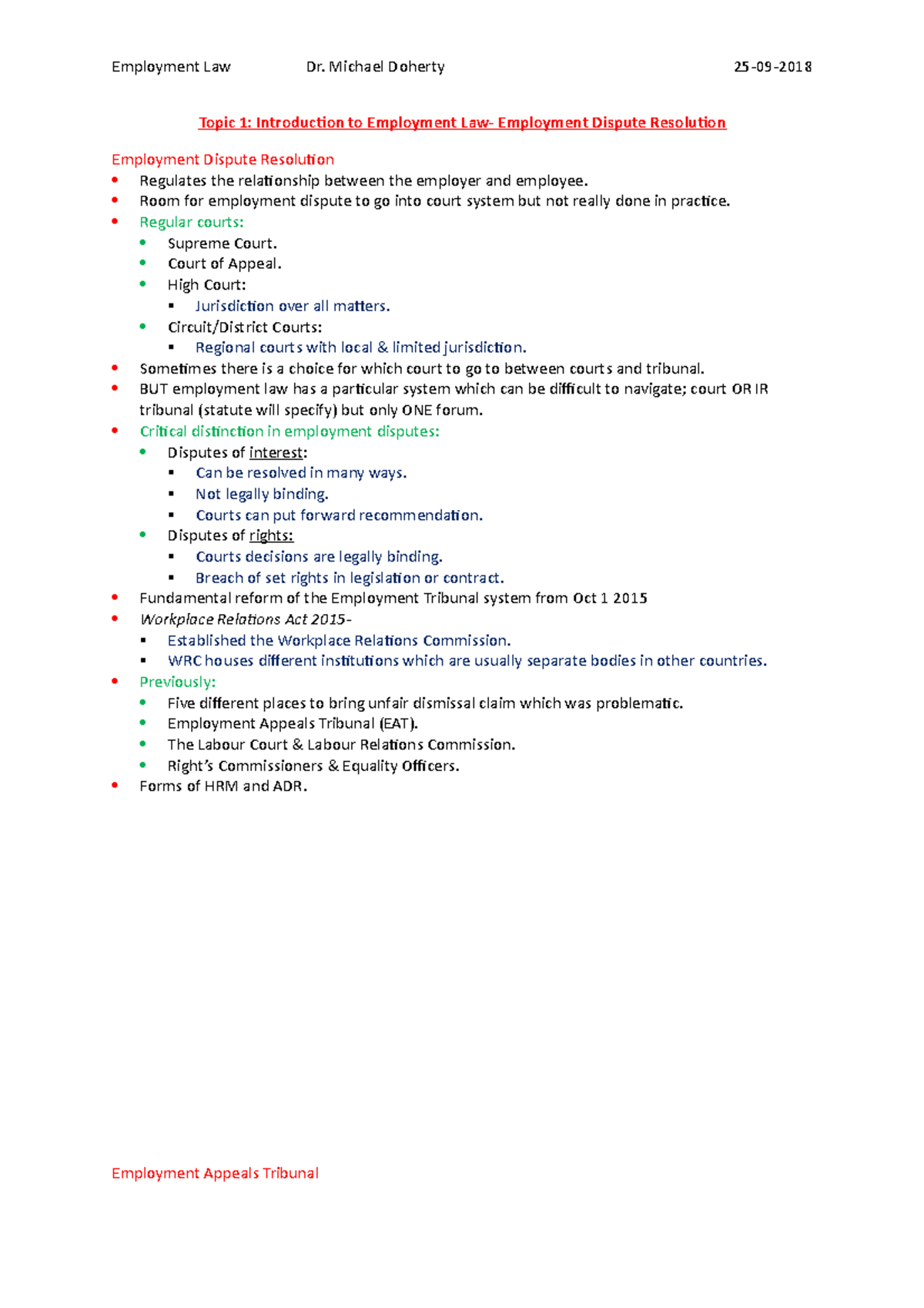 Lecture 2- 25-09-2018 - Introduction to Employment Law. Employment ...