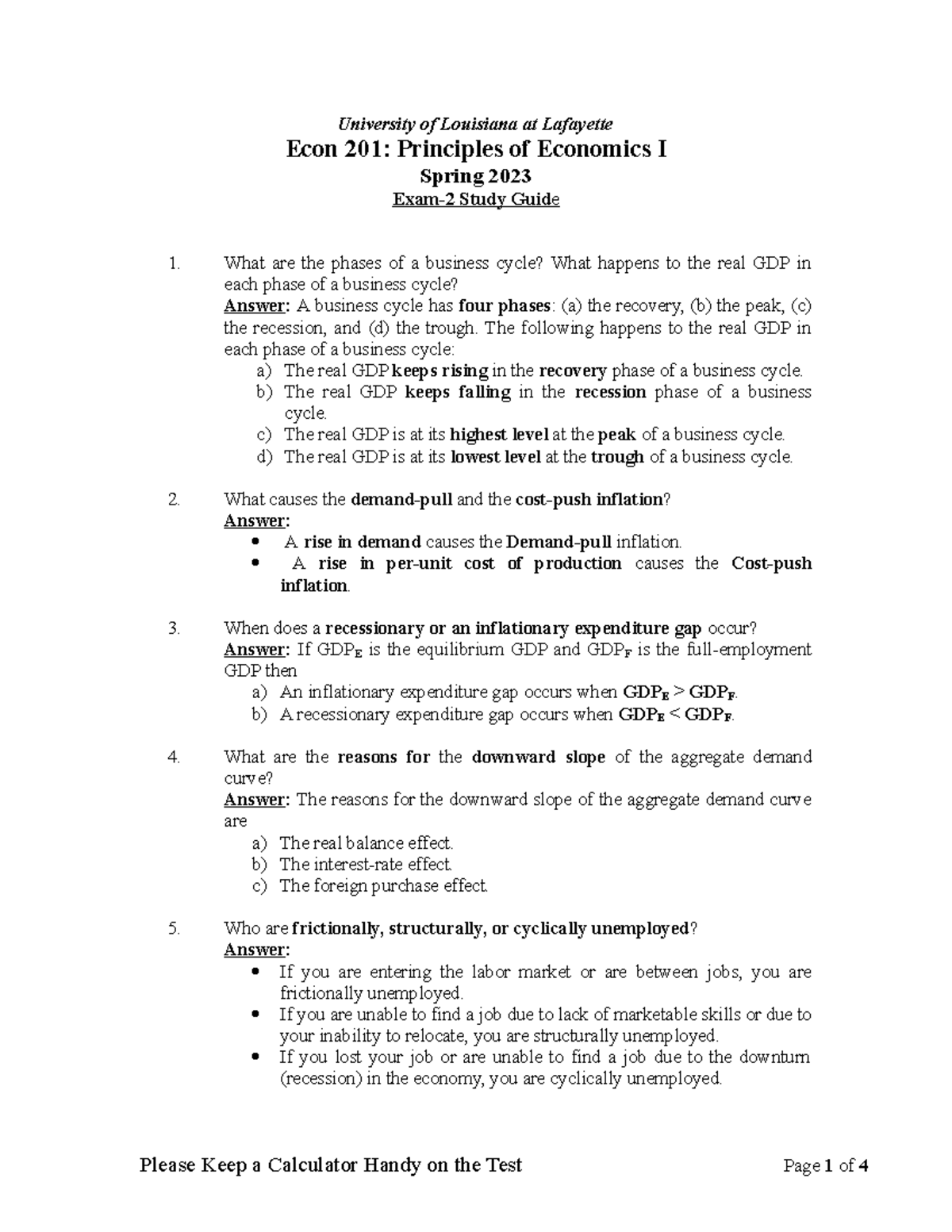 Econ201Spring 2023Exam-2Study Guide - University of Louisiana at ...