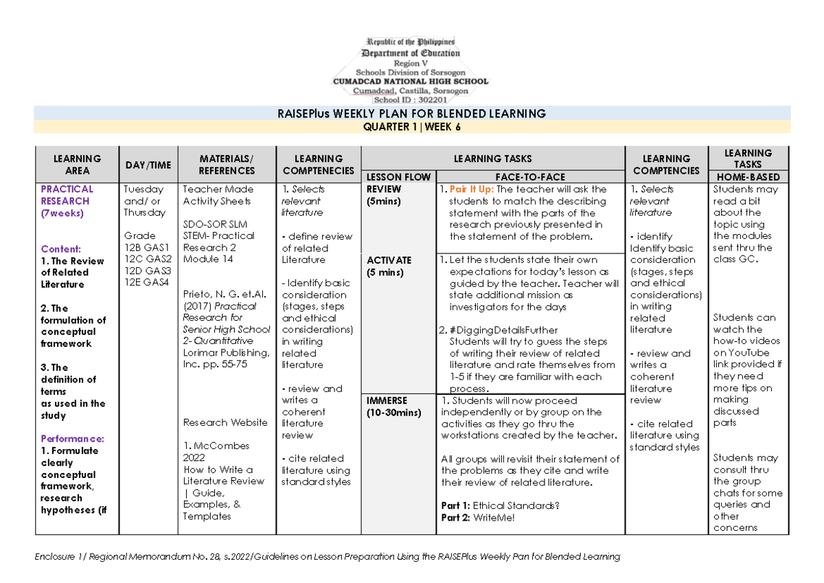 Raiseplus-Template pr2 week 6 - Enclosure 1/ Regional Memorandum No. 28, s/Guidelines on Lesson ...