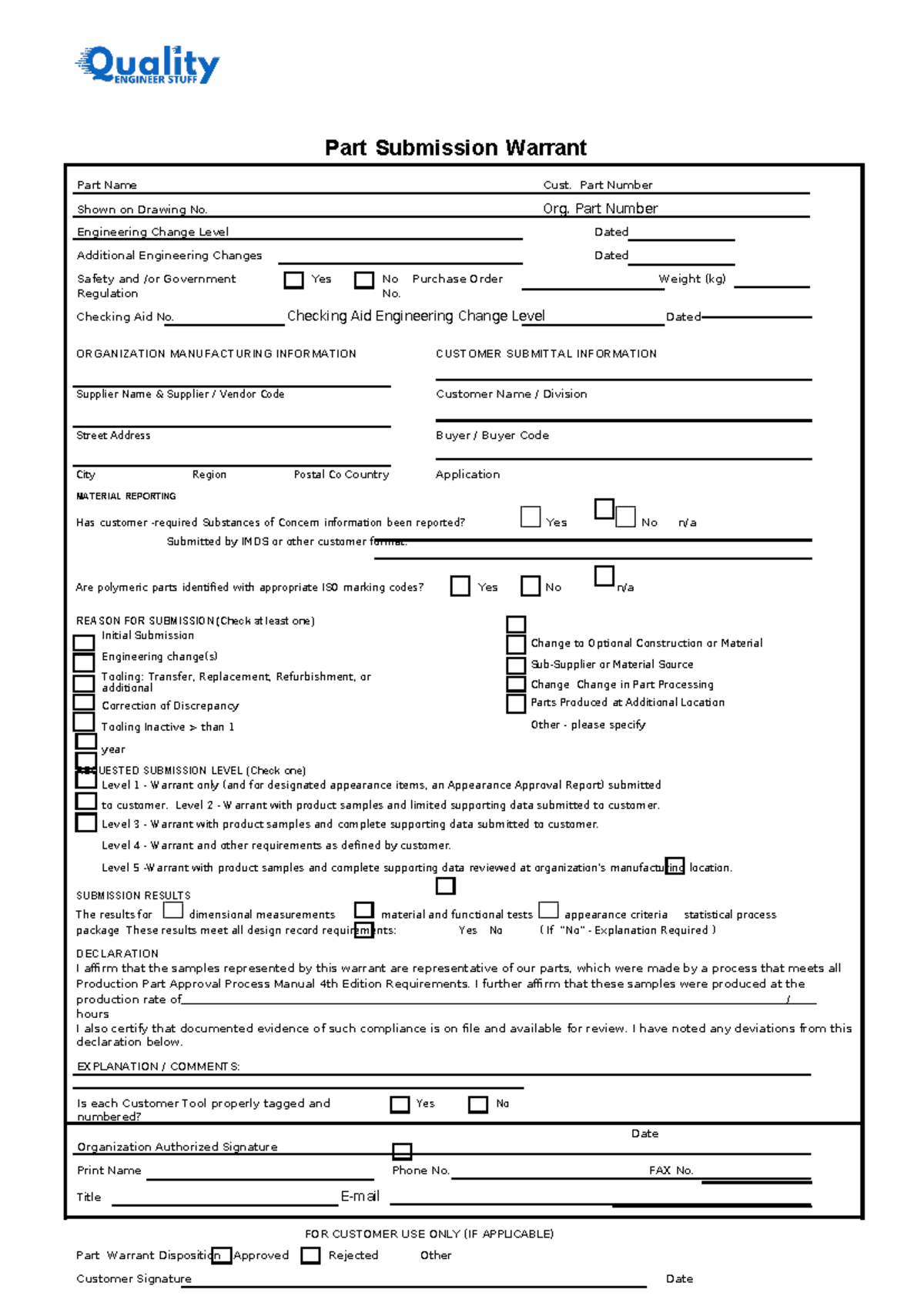PSW-Part-Submission-Warrant -Quality Engineer Stuff - Part Submission Warrant Part Name Cust ...
