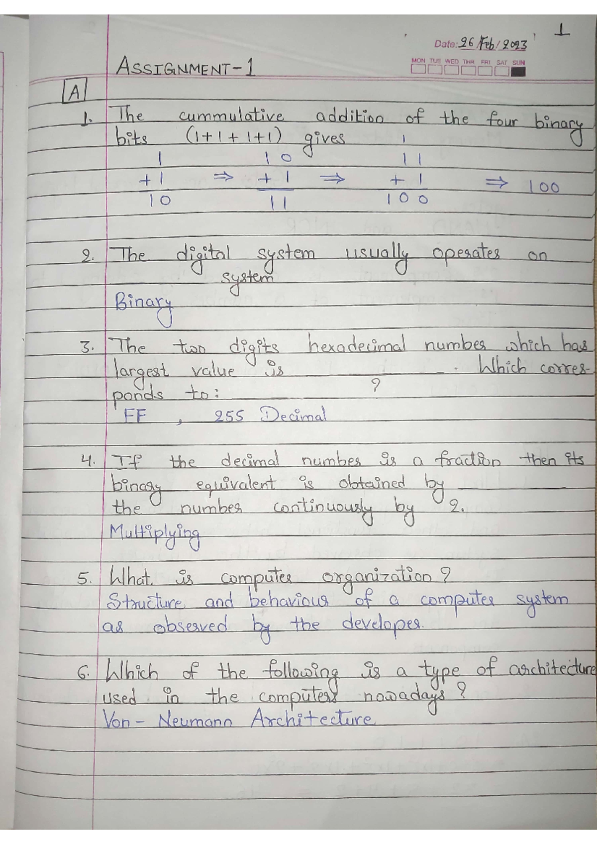 COD 1 Assignment - Date: 1 MON TUE WED THR FRI SAT SUN A 1. The ...