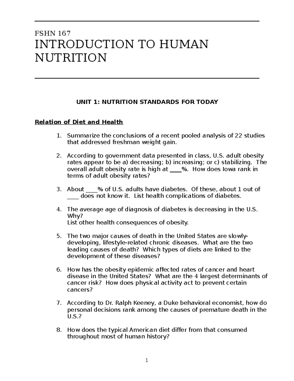 Learning Guide Exam 1 2022(final) - FSHN 167 INTRODUCTION TO HUMAN ...