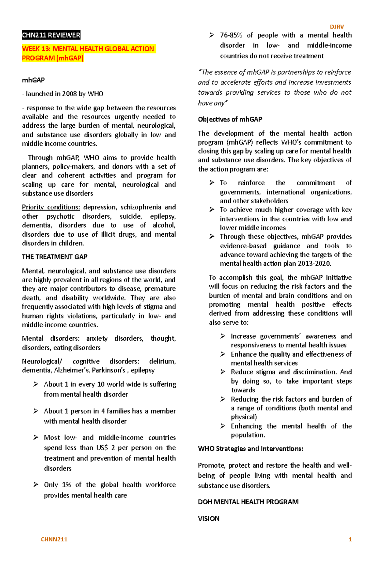 CHN211 Reviewer - NOTES - CHN211 REVIEWER WEEK 13: MENTAL HEALTH GLOBAL ...
