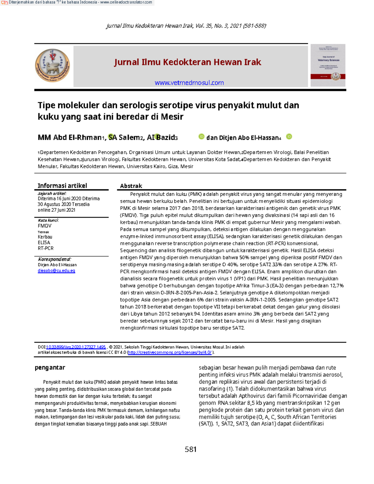 Ijvs Volume 35 Issue 3 Pages 581 588 Jurnal Ilmu Kedokteran Hewan