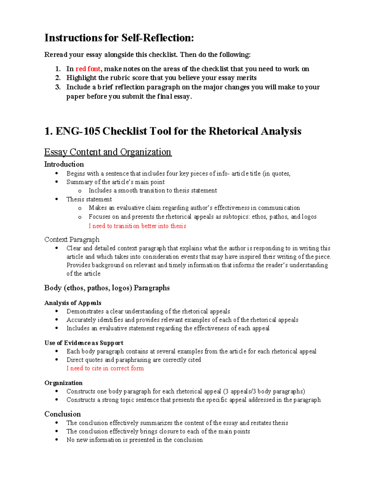 ENG-105 RA Checklist self reflection for class - Instructions for Self ...