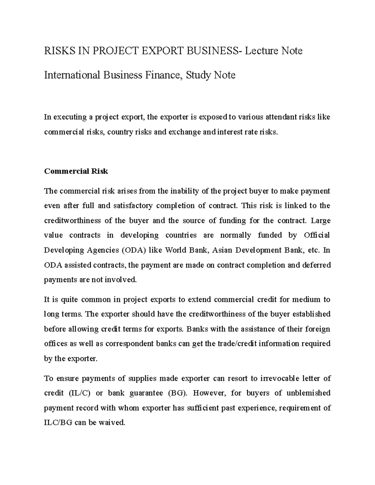 Risks IN Project Export Business - RISKS IN PROJECT EXPORT BUSINESS ...