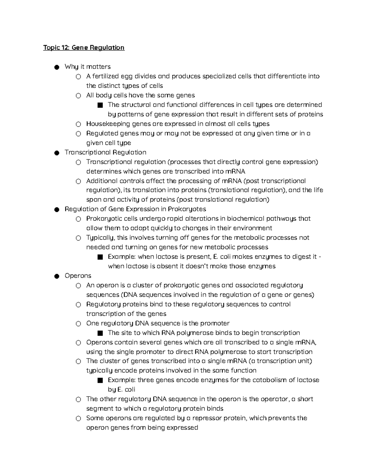 Topic 12 Lecture Notes - Thomas Abbott - Topic 12: Gene Regulation Why ...