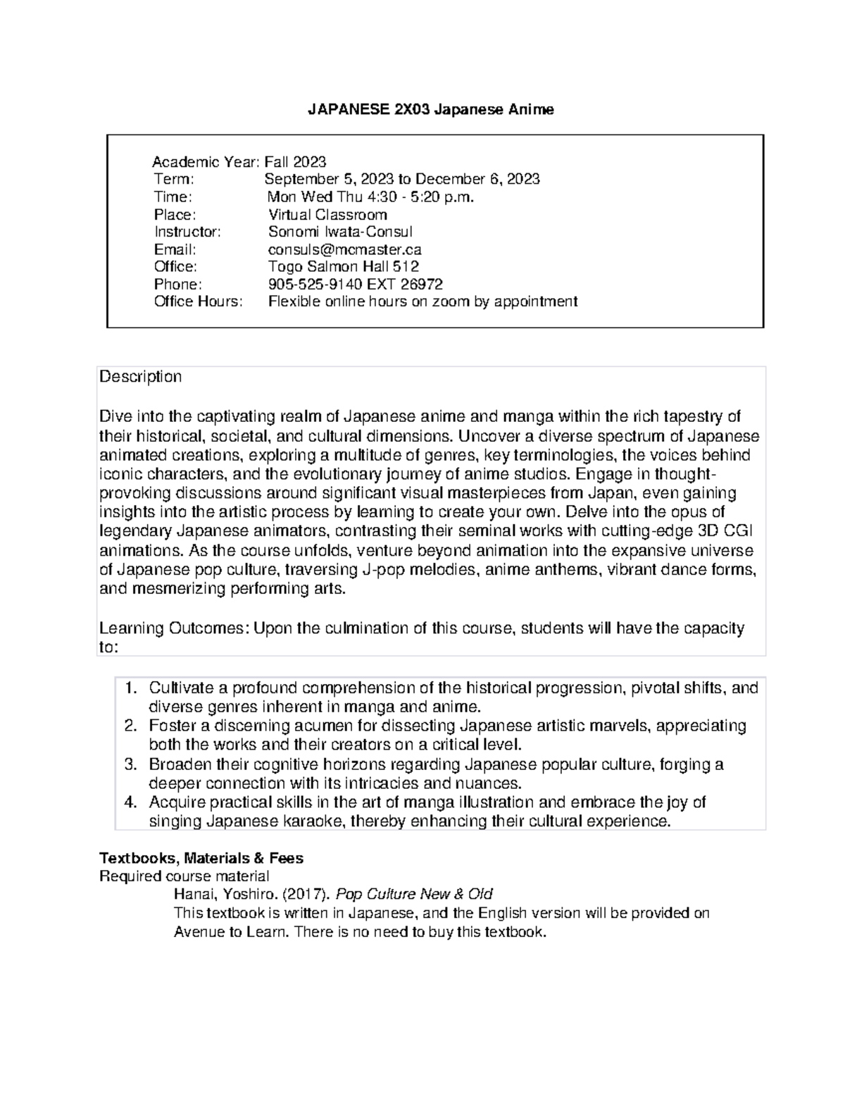 Course Outline 19 - JAPANESE 2 X 03 Japanese Anime Academic Year: Fall ...