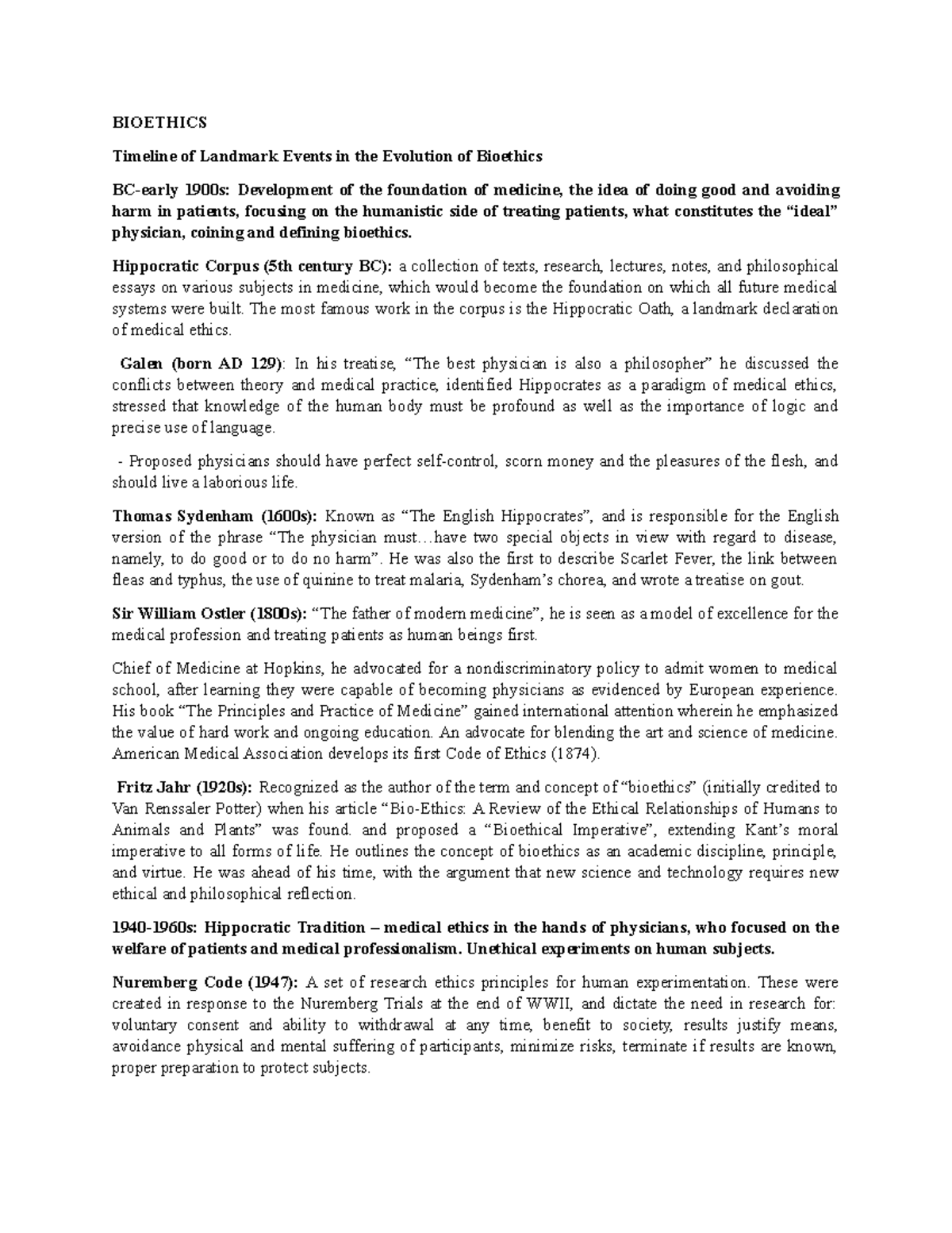 Biology- Ethics 1 - BIOETHICS Timeline of Landmark Events in the ...