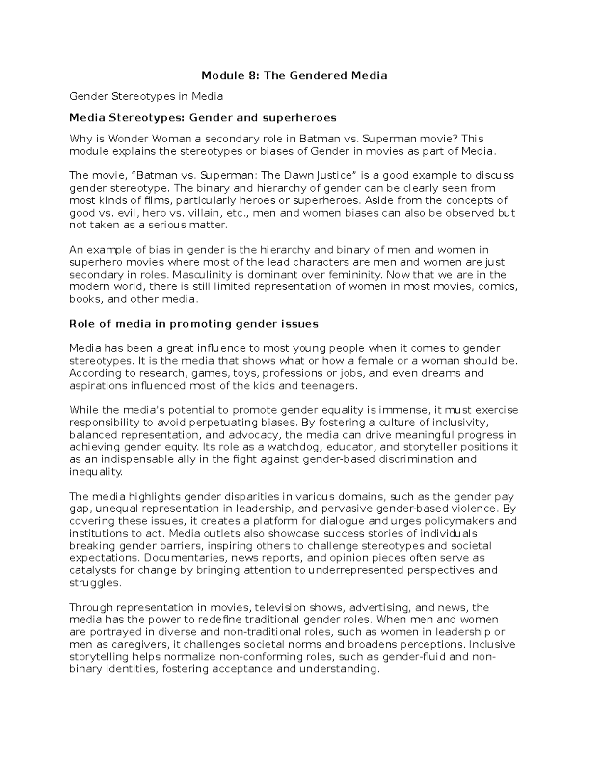 The Gendered Media - SUMMARY - Module 8: The Gendered Media Gender ...