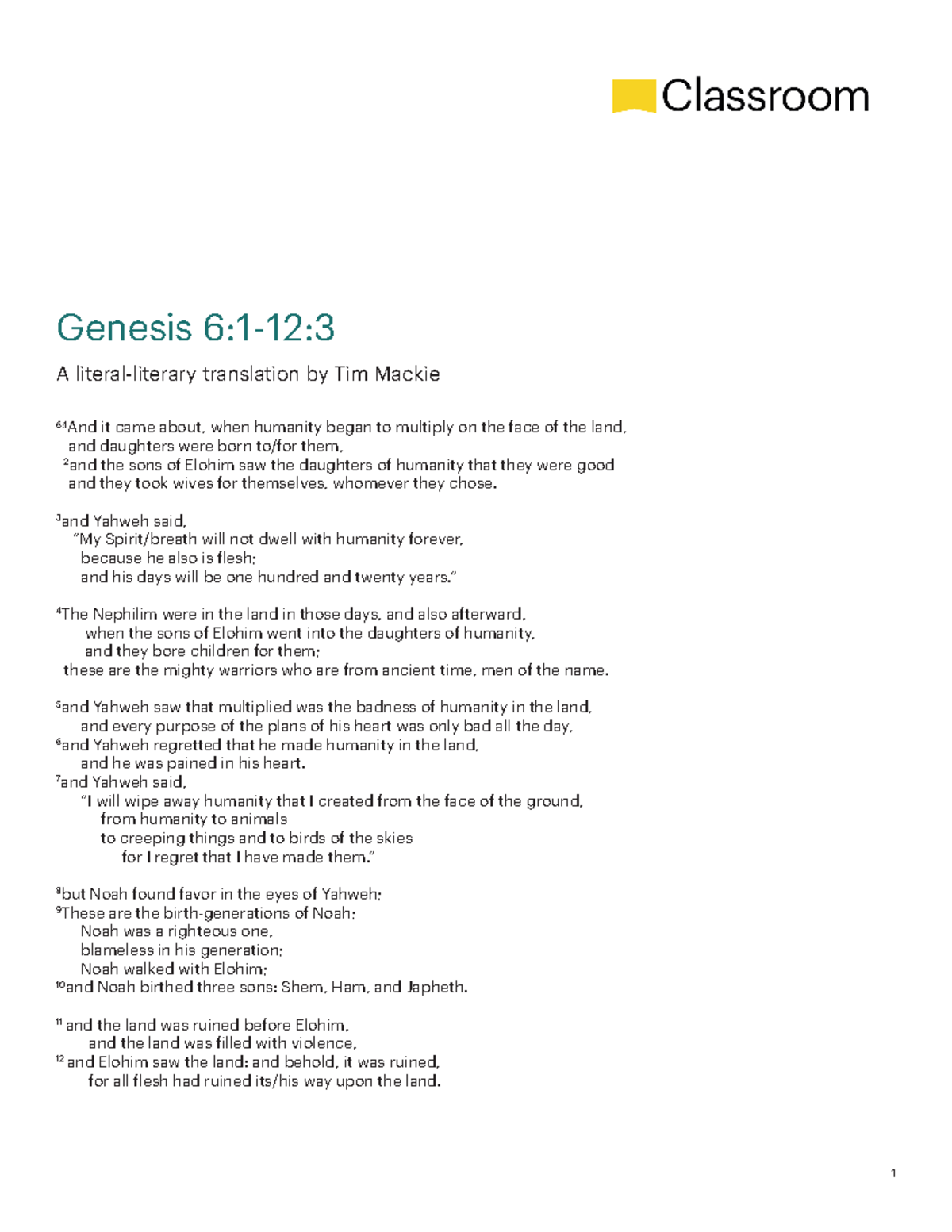 Genesis 6.1-12.3 Literary Translation - Genesis 6:1-12: A literal ...